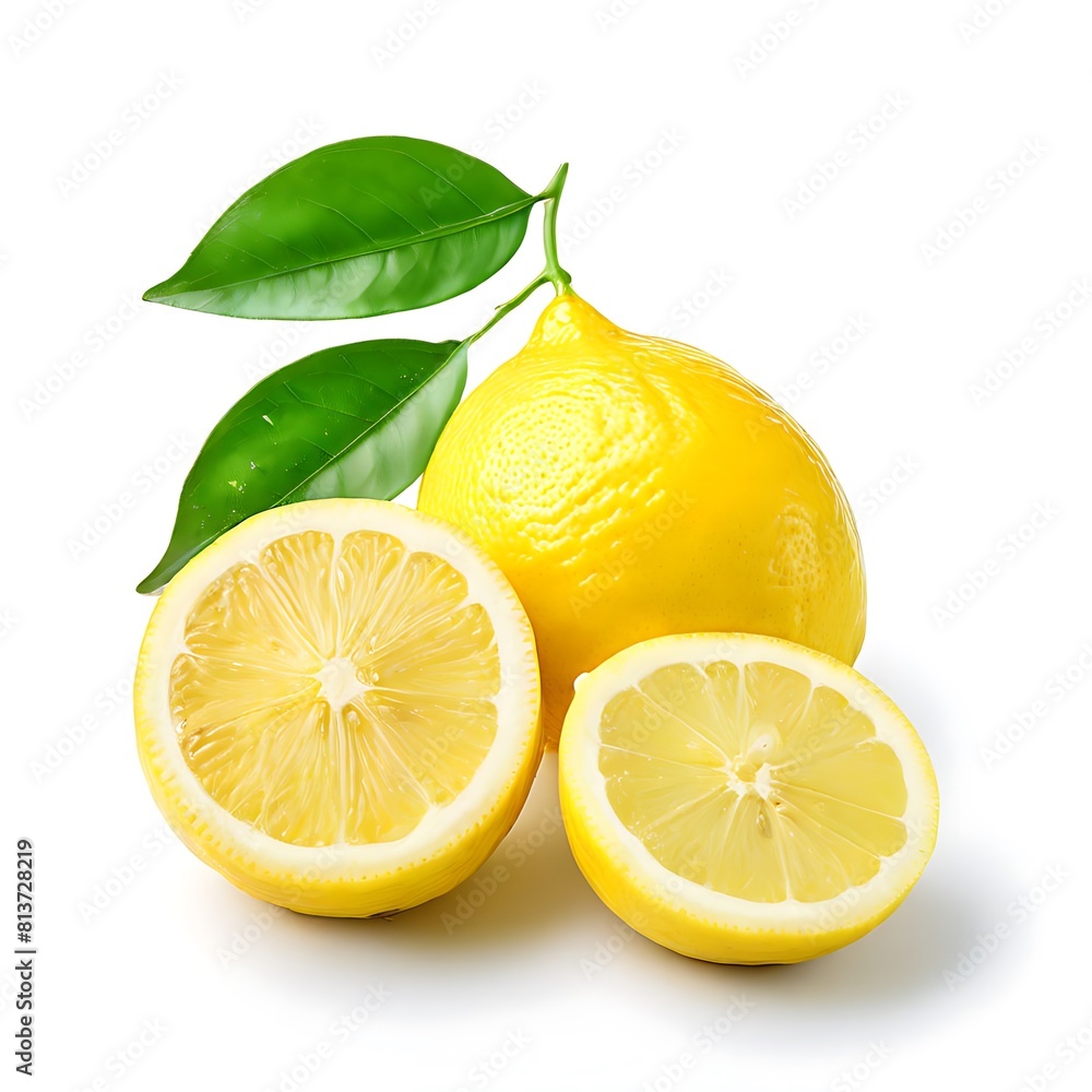 Lemon fruit with leaf isolate. Lemon whole, half, slice, leaves on white. Lemon slices with zest ...