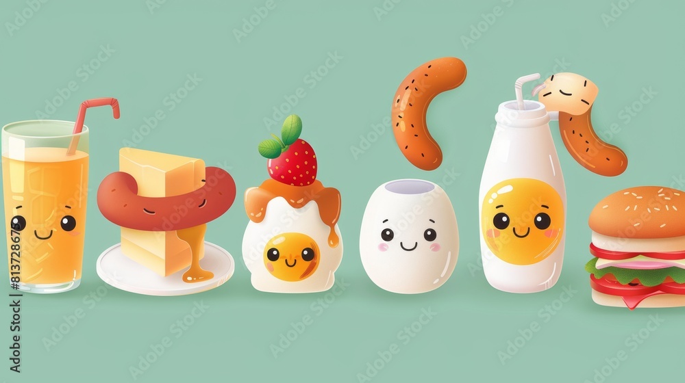 Isolated cartoon breakfast set with apricot juice, mint milk pack ...