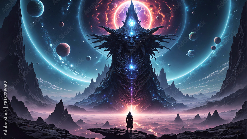 A cosmic deity reveals itself to a priest, creator of the universe ...