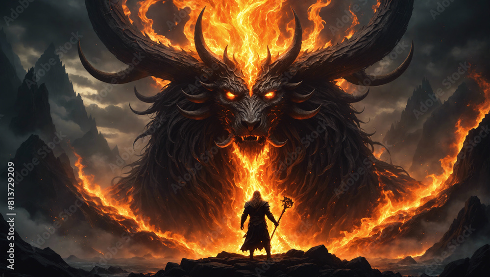 Warlock summons the fire beast deity, horned devil with glowing eyes ...