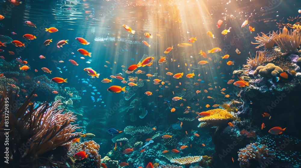 Underwater world full of life. Colorful fishes of all shapes and sizes ...