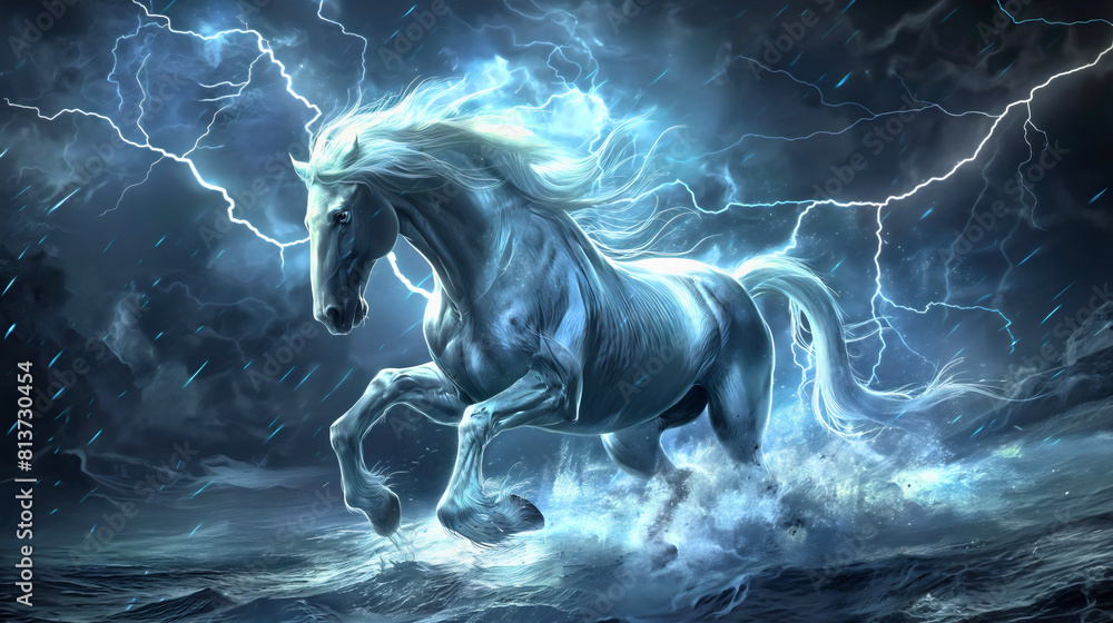 Beautiful white wild horse jumping or running in ocean or sea water ...