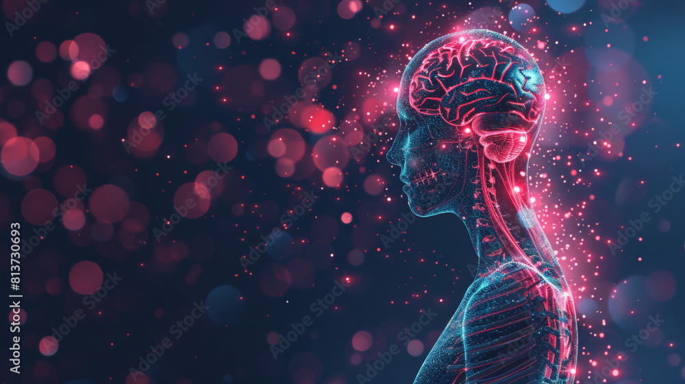 An illustration of the human nervous system in profile, with red ...