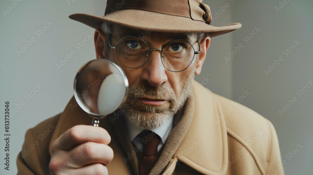 Old senior detective man holding a magnifying glass or loupe, wearing ...