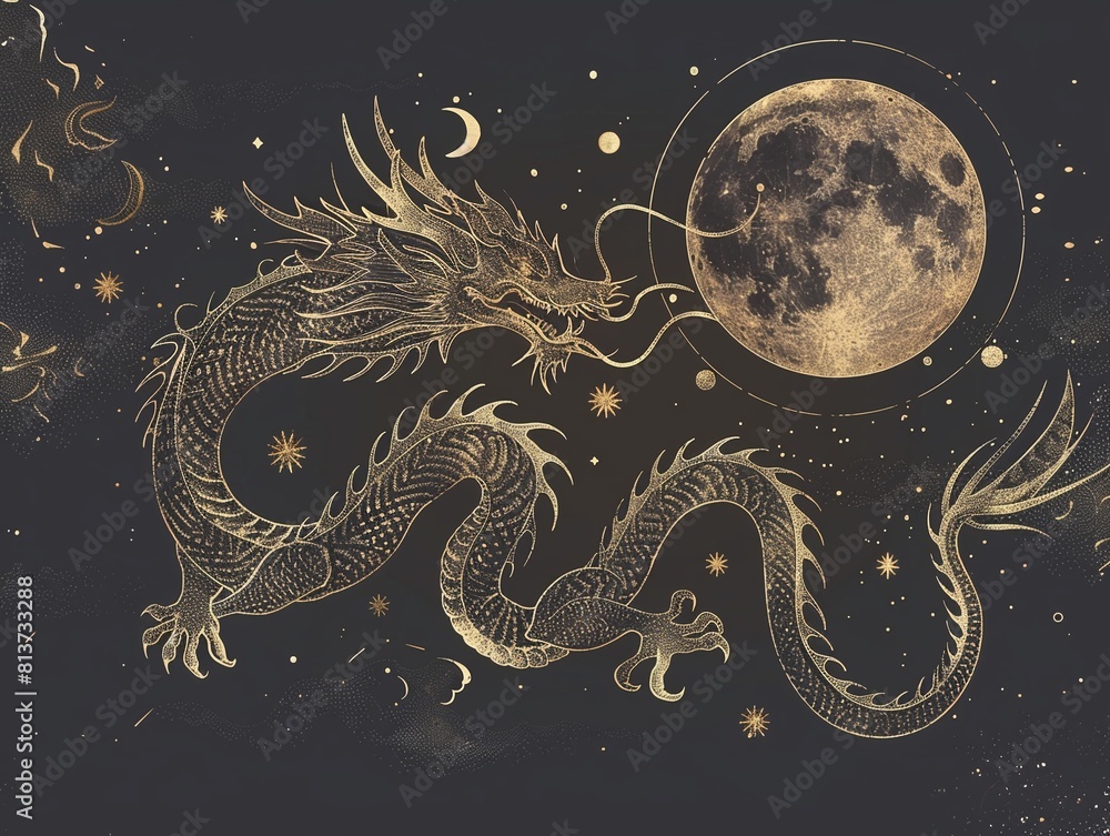 Elegant golden dragon with moon phases flat design top view celestial ...