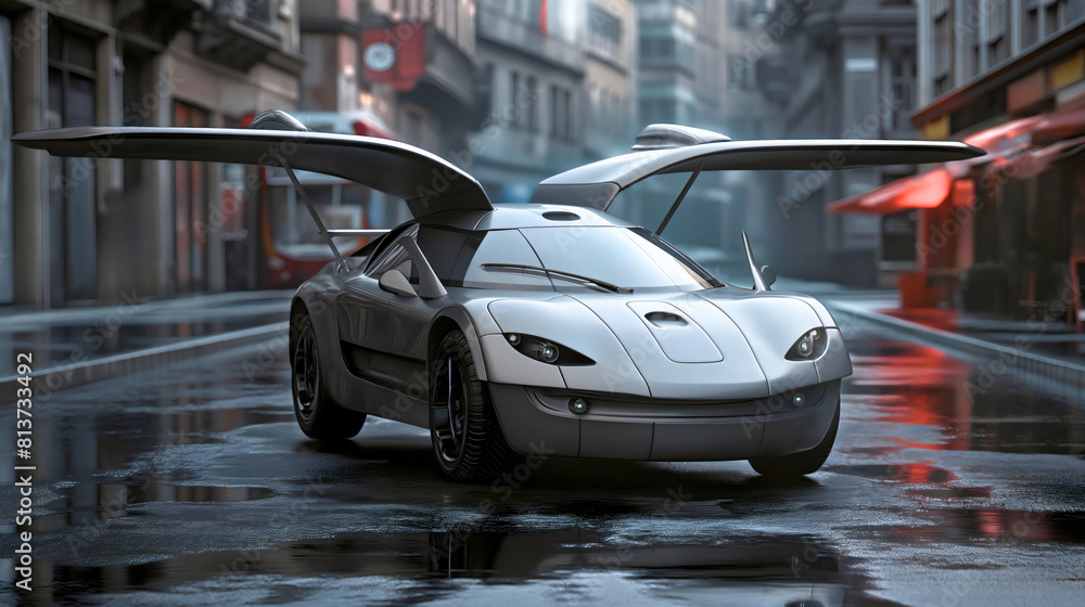 Futuristic flying sports car model with wings, future automobile ...