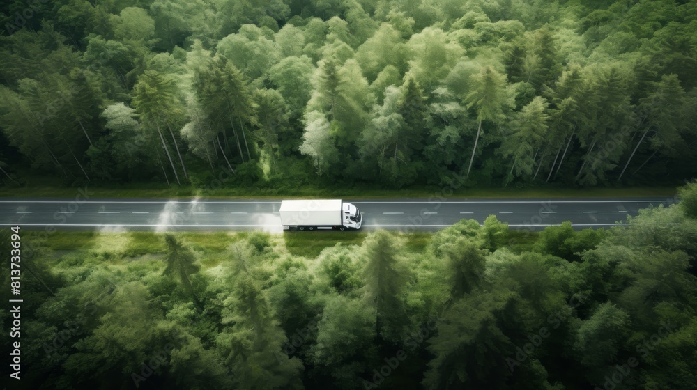 Arial view of White heavy truck on a narrow road trough the forest ...