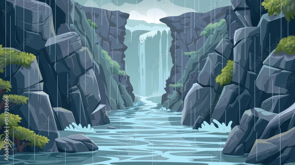 Rain flowing over rocky canyon river. Modern cartoon illustration of ...