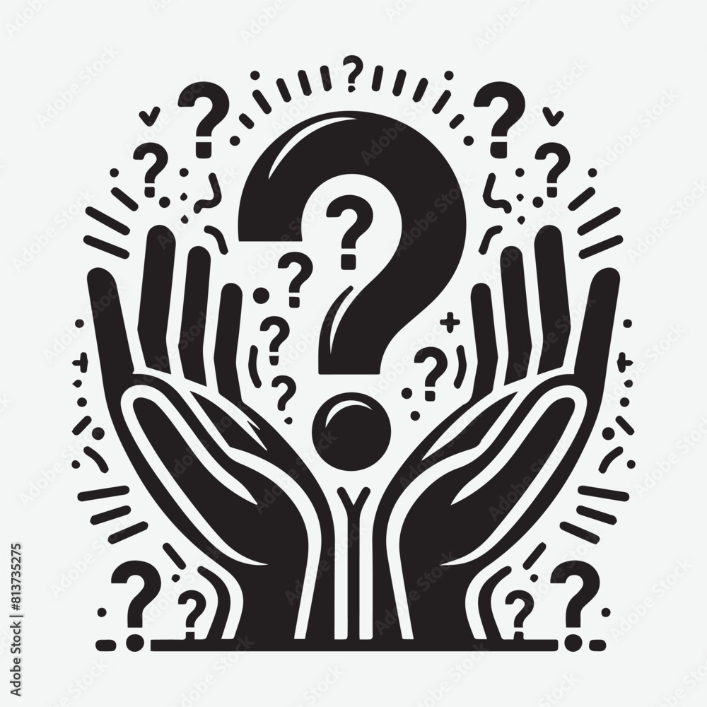 Vetor de Question marks and human hands vector silhouette illustration ...