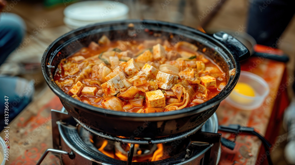 a bubbling hot pot of kimchi jjigae (kimchi stew) simmering on a ...