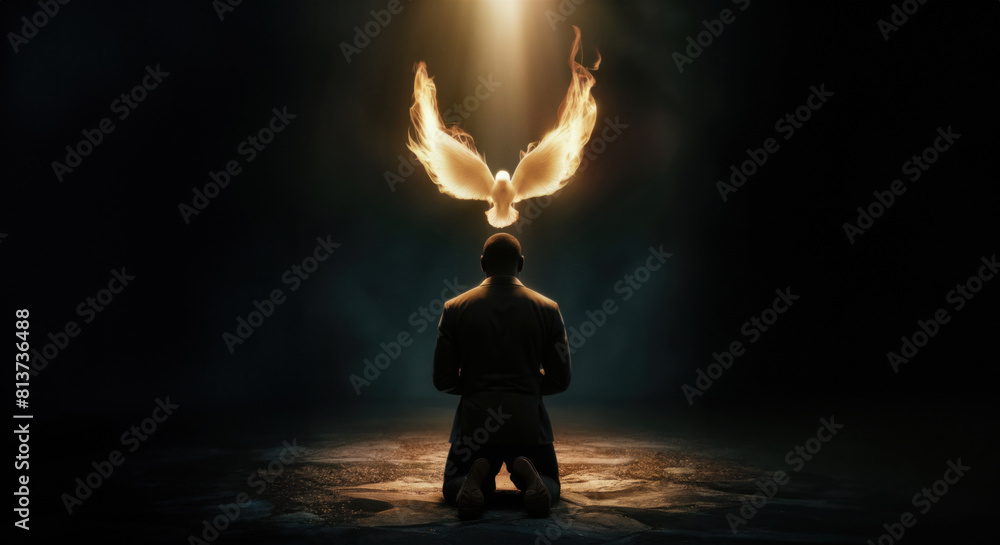 Pentecost concept art. Glowing white dove of the holy spirit descending ...