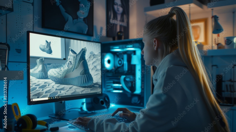Working at home office, girl creates and renders 3D model of unique ...