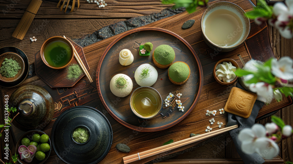 an image of a traditional Japanese dessert spread on a wooden platter ...