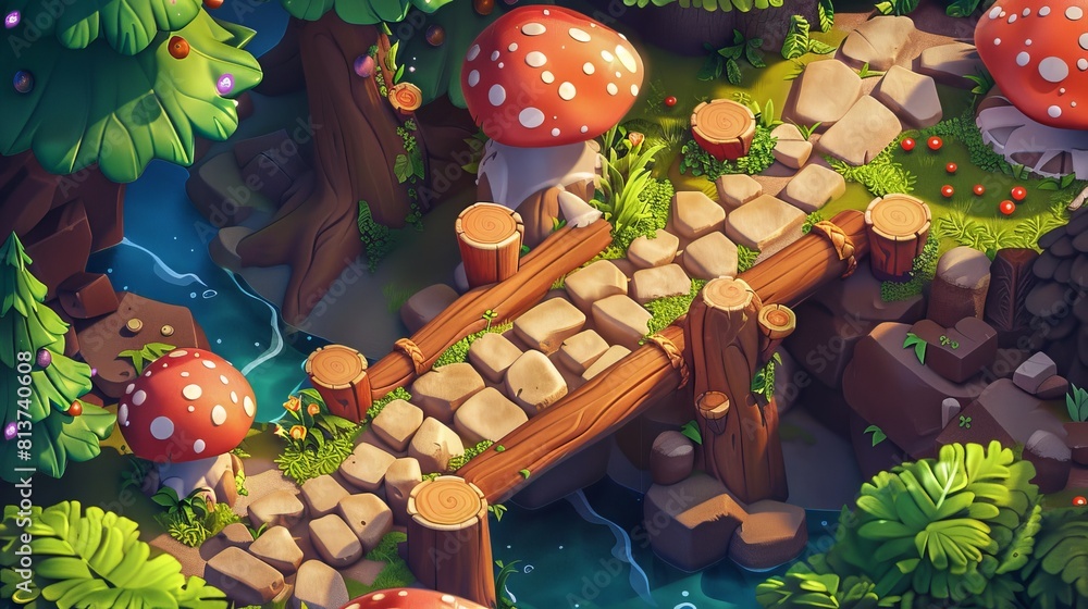 A forest and swamp game map with moss-covered stumps and logs and ...