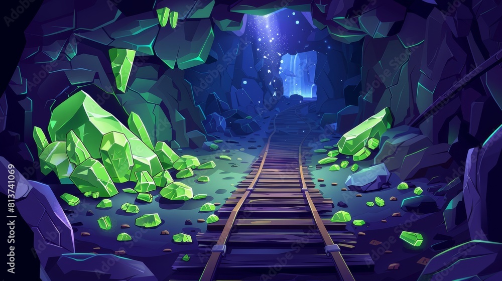 Mining cave with precious stones in walls and railroad. Cartoon game ...
