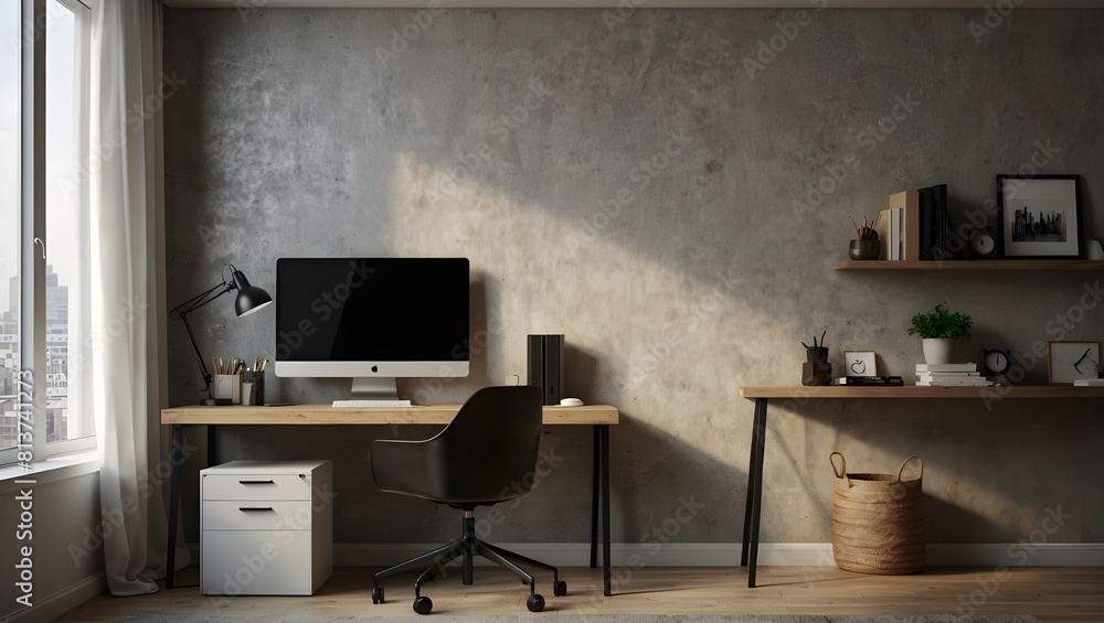 Stylish office interior with workplace, pc computer and window. Mock up ...