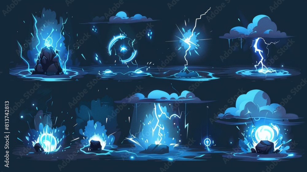 VFX lightning hitting the ground or floor with a burst of blue energy ...
