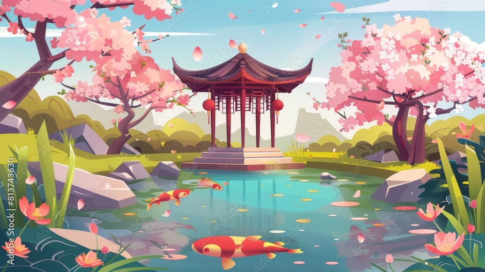 Cartoon modern illustration of a spring landscape with blossom cherry ...