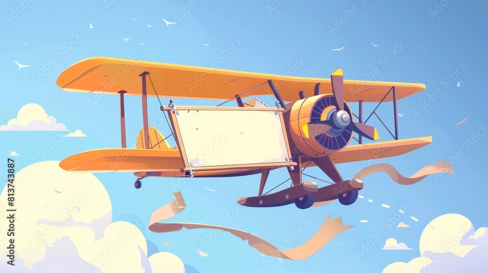 Message in the sky. Vintage biplane fly modern. Advertising with old ...