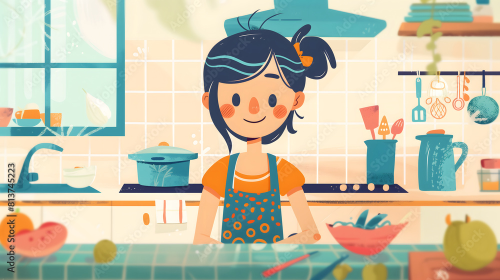 Cute Girl Cooking in Kitchen - Illustration of Adorable Girl with Tied ...