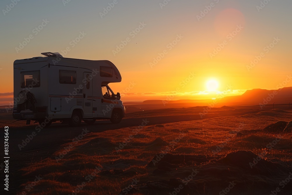 RV Motorhome camper van road trip. Tourists in rental car campervan by ...