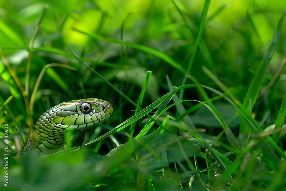 Green grass snake in the green grass with natural green background ...