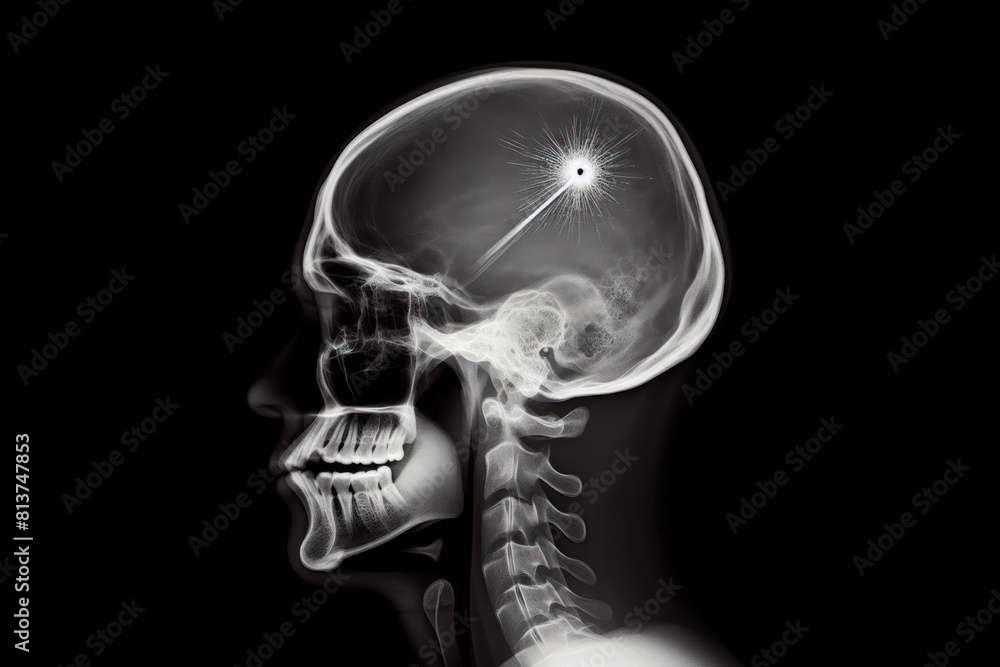 X-ray of a head with a bullet wound on a black background Stock ...