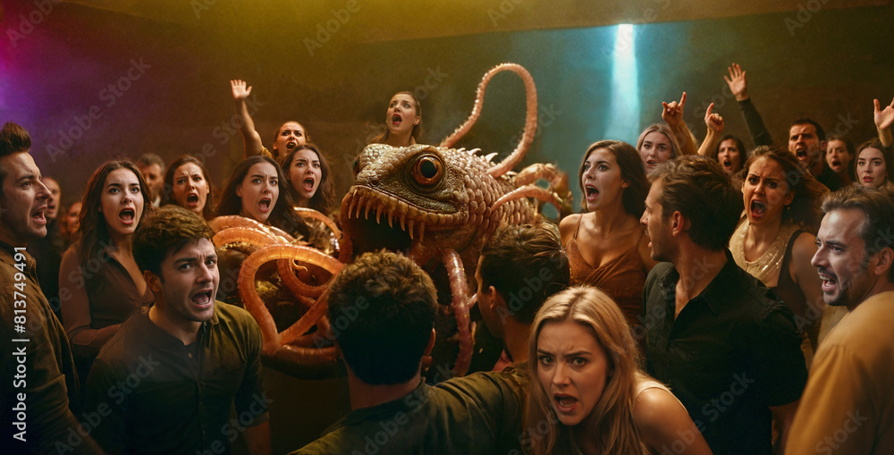 in the nightlife in a nightclub, a scary tentacle monster creature ...