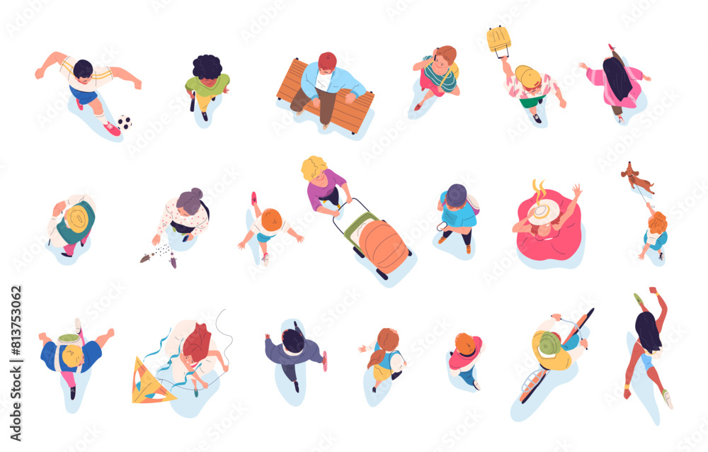Walking people top view. Overhead person silhouette aerial map, above ...