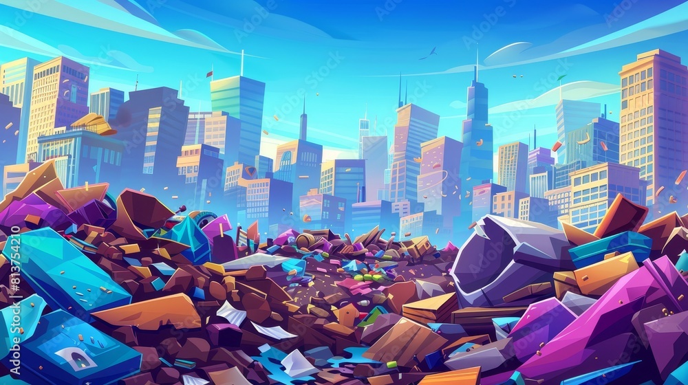 Stack of plastic trash and garbage on a city dump background with ...