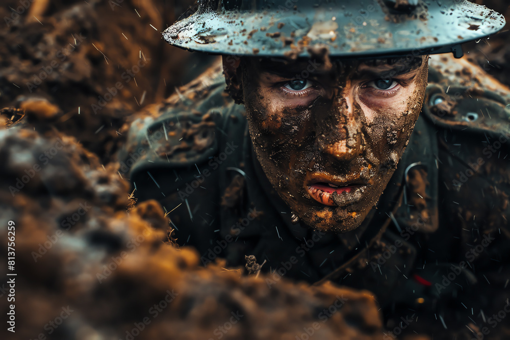 Detailed shot of a WW1 soldier, mudsplattered and determined, fighting ...