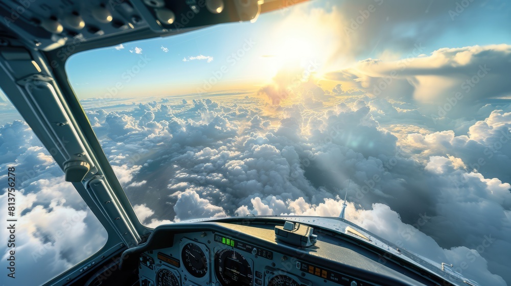 A pilot is view from the cockpit and control panel of an airplane ...