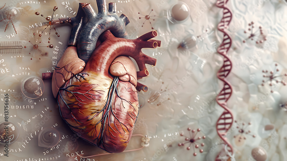 The anatomical structure of realistic human heart with DNA helix. 3d ...