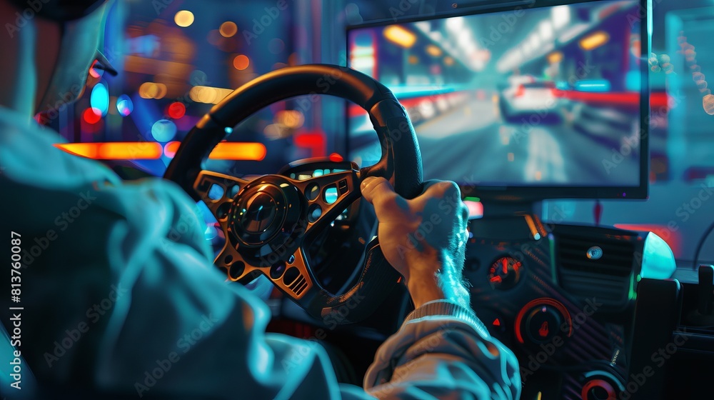 Gamer playing pc game with racing wheel controller. Race simulator with ...
