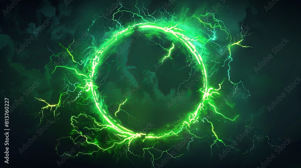 Glowing green lightnings. Electric storm, power thunder lightening glow ...