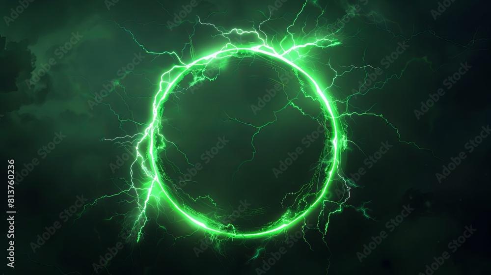 Glowing green lightnings. Electric storm, power thunder lightening glow ...