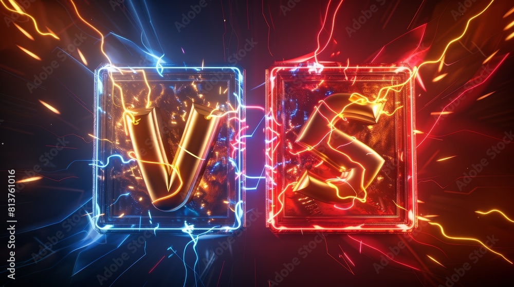 The 2V symbol has a glow and sparks on the blue and red sides. On the ...