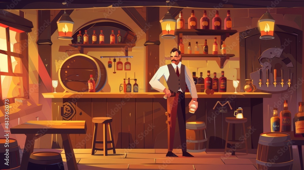 The board shows a pub interior with a man drinking a beer. This is an ...