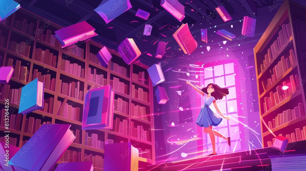 The animation depicts a girl in a library under the cover of night with ...