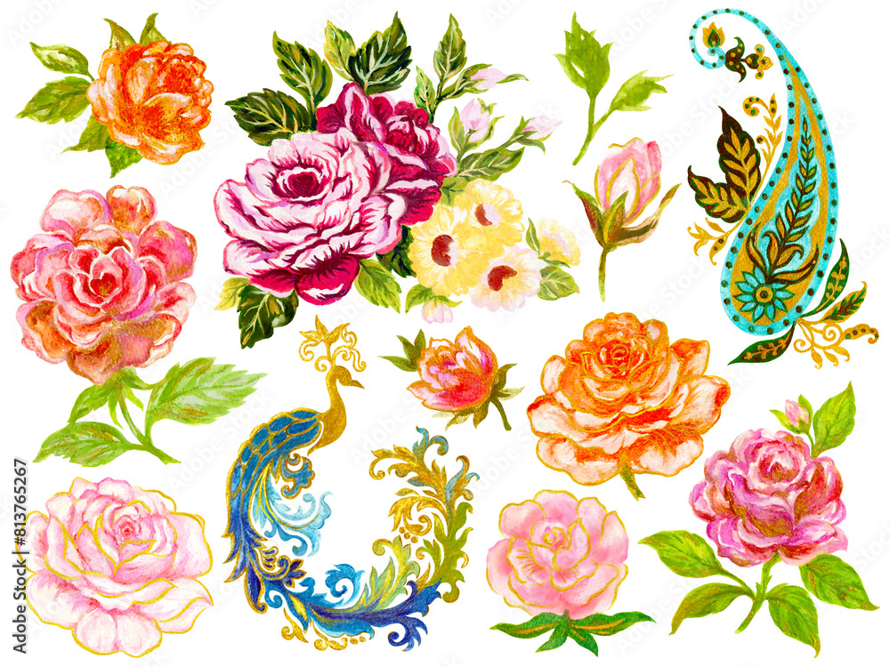 Fantasy paradise firebird phoenix red peacock and rose foliage leaf ...