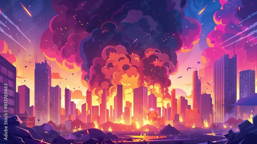 City in a fire, burnt down, abandoned, burned down buildings with smoke ...