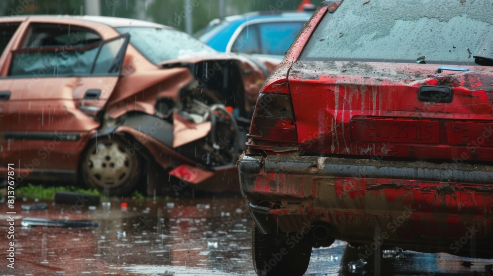 Car accident on wet road during rain, head on collision side view. Two ...
