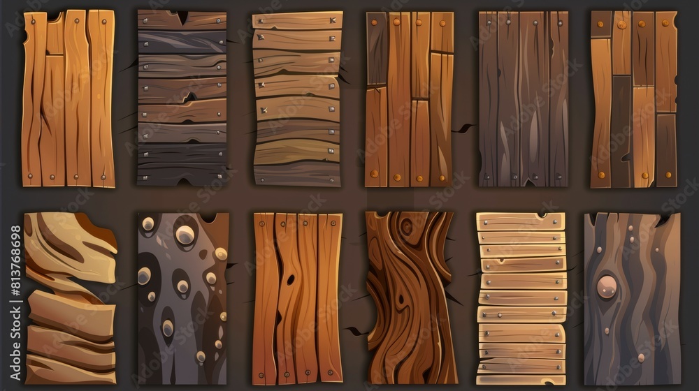 Game texture set featuring wood barrels, fence boards, tree bark, and ...