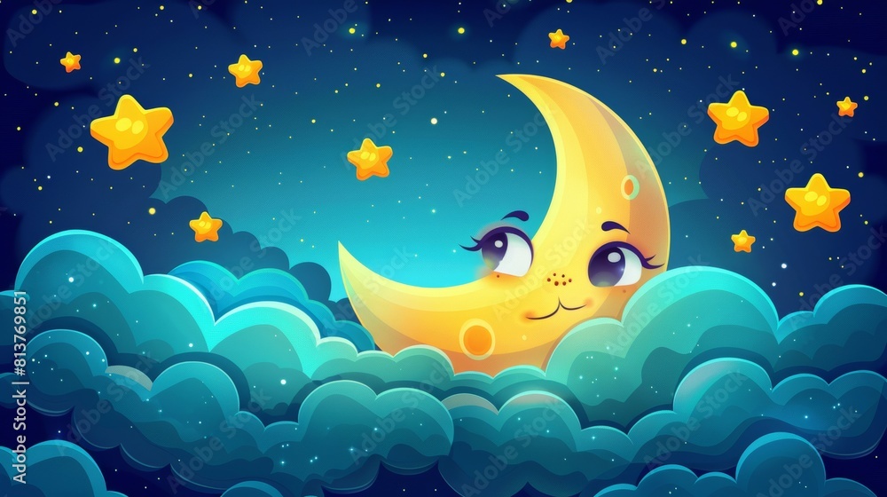 A good night cartoon banner with a cute moon and glowing yellow stars ...