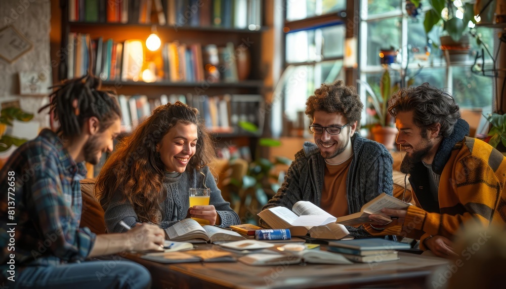 Represent a Protestant Bible study group meeting in a cozy living room ...