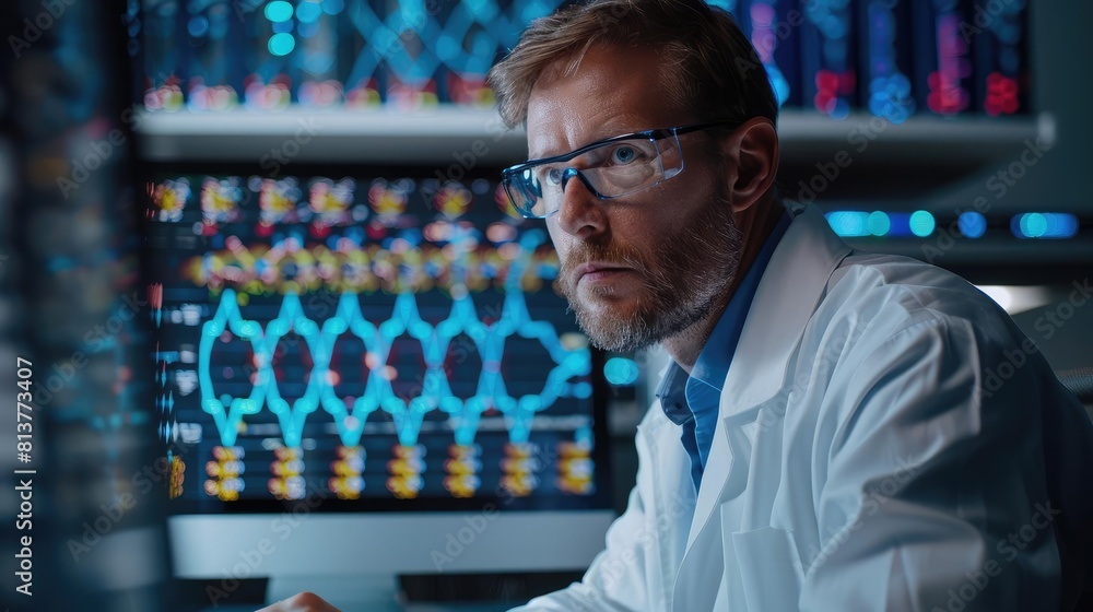 Scientist examining a DNA sequence on a computer screen, genetic ...