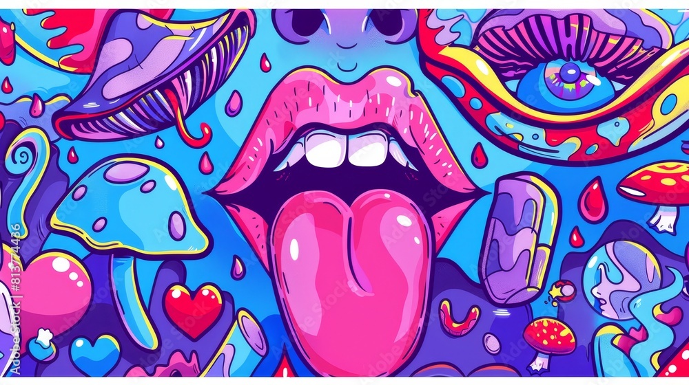 This psychedelic rave trip party banner template set features a mouth ...