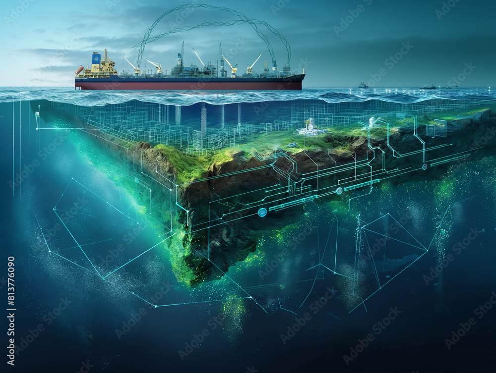 The image shows a cross-section of the ocean with a large container ...