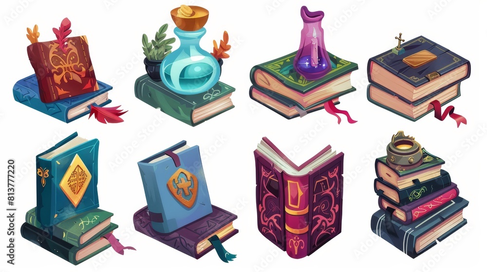 Cartoon Illustration set of ancient gui objects, magical spell books, fantasy alchemy grimoires ...