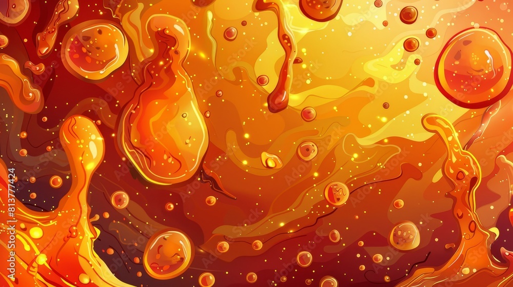 Abstract background of seething molten magma splatter with floating red ...